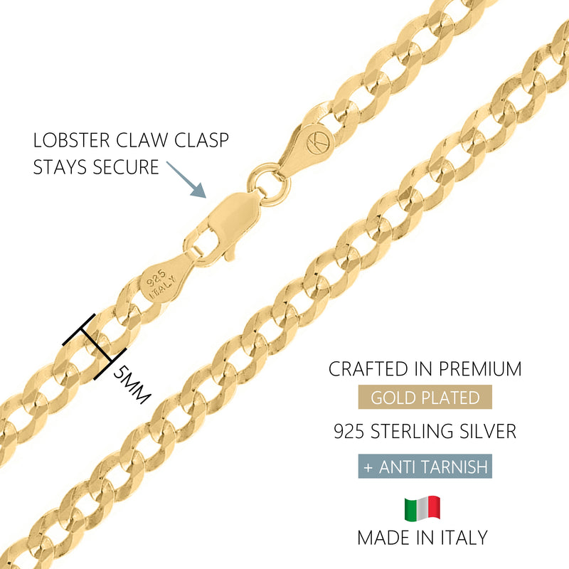 KISPER 18k Gold over 925 Sterling Silver Italian 5mm Cuban Link Chain